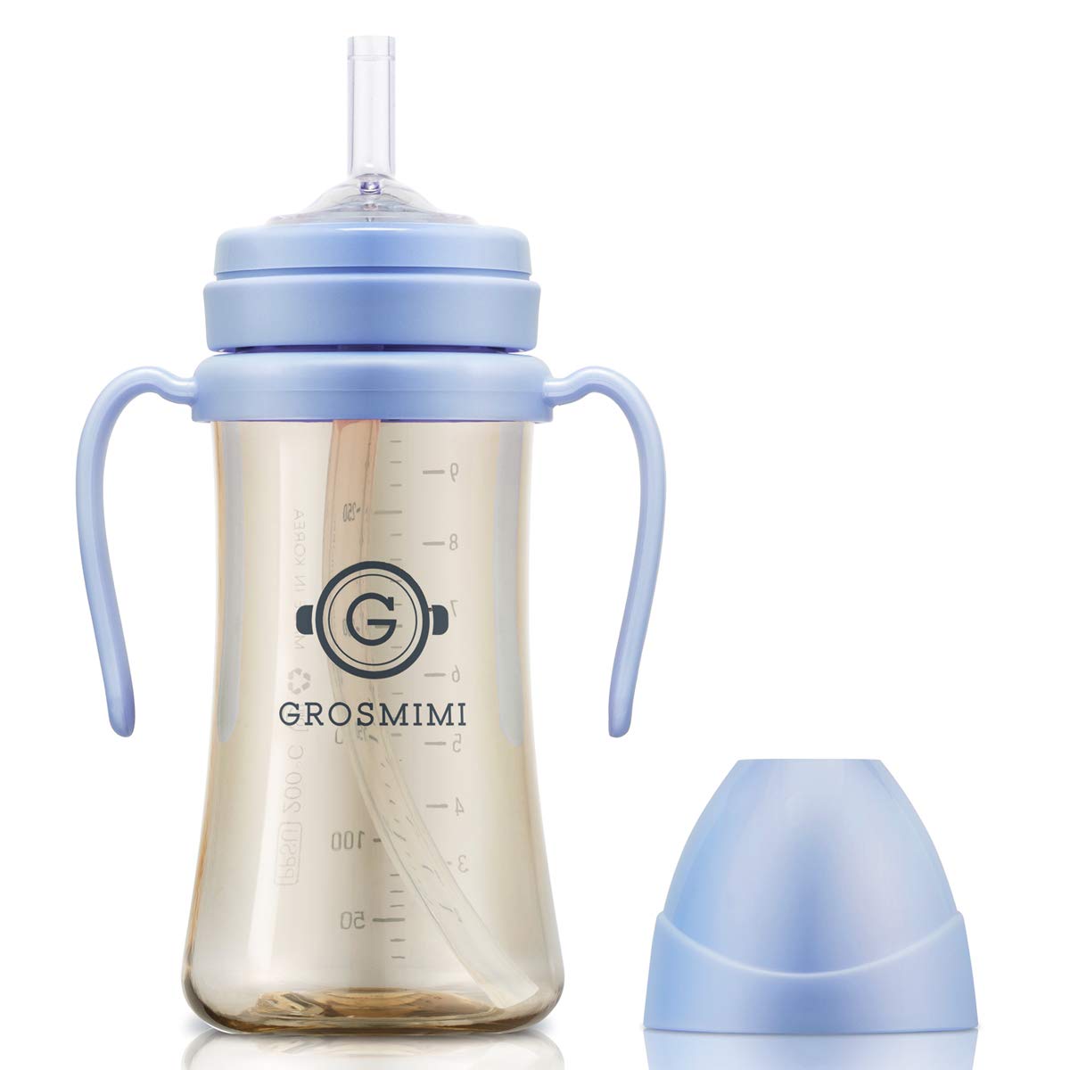 GROSMIMI PPSU Spill Proof Magic Sippy Cup 10 oz (Sky Blue) + Replacements (Straw kit 2-counts, Stage 1)