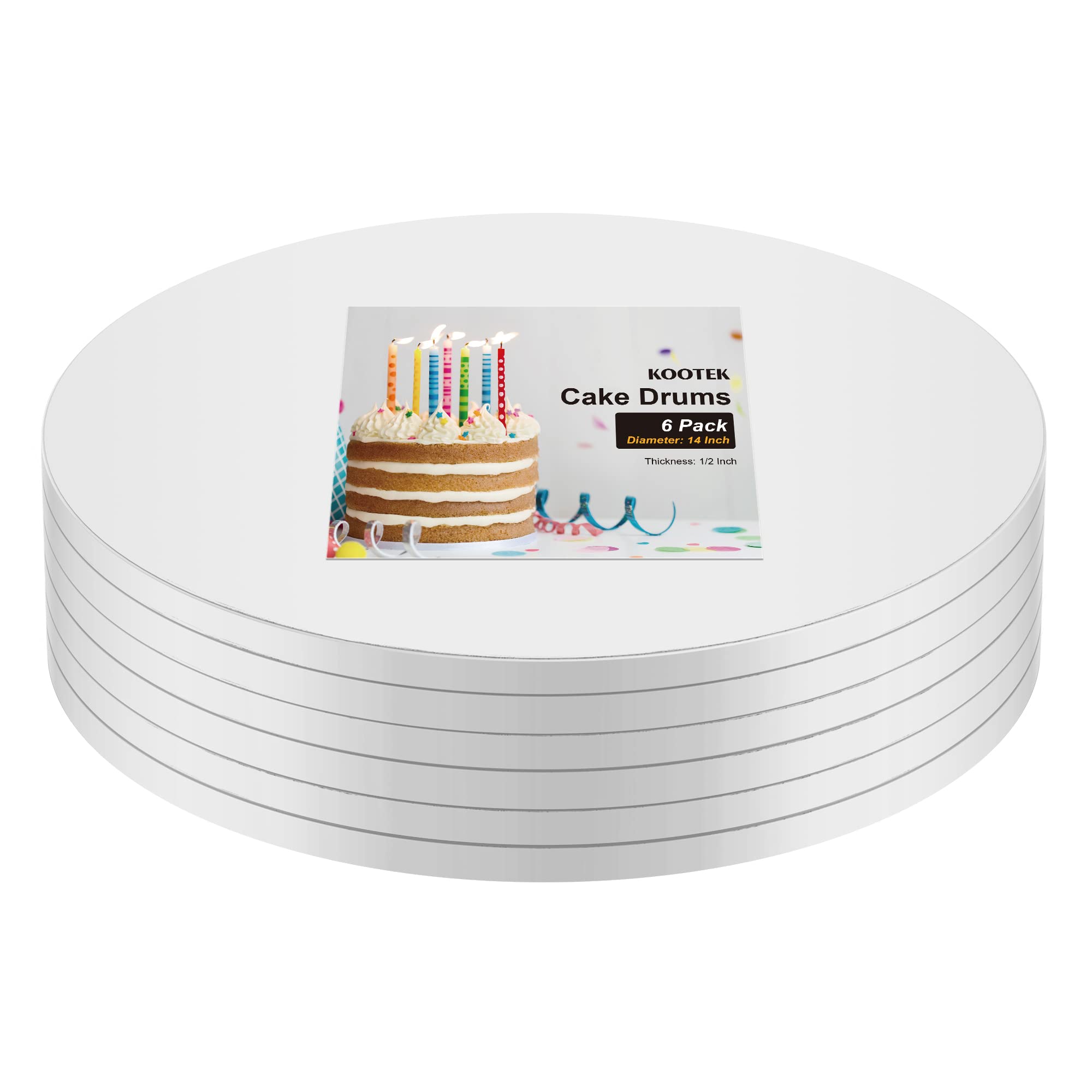 Kootek Cake Boards Drum 14 Inch Round, 1/2" Thick Cake Drums, Cake Decorating Supplies White 6-Pack Sturdy Cake Corrugated Cardboard for Multi-Layer Cakes