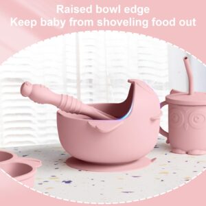 Baby Led Weaning Supplies, 10 Pack Silicone Baby Feeding Set - Baby Bowls and Plates with Suction, Toddler Spoons and Fork, Toddler Cups with Replaceable Lids (Pink)