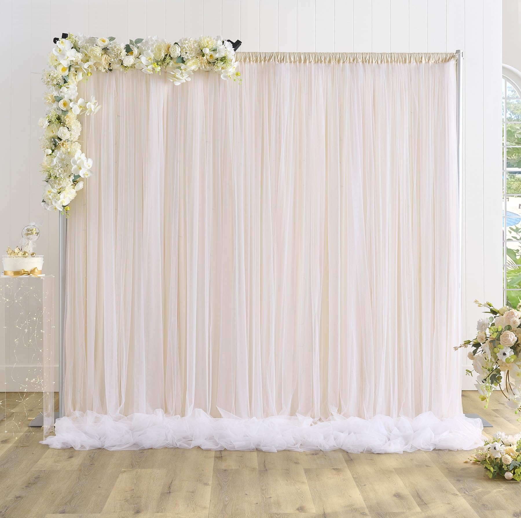 Wrinkle Free Champagne Tulle Backdrop Curtains for Baby Shower Party Wedding Photo Drape Backdrop for Photography Props Engagement Bridal Shower 10 ft X 10 ft