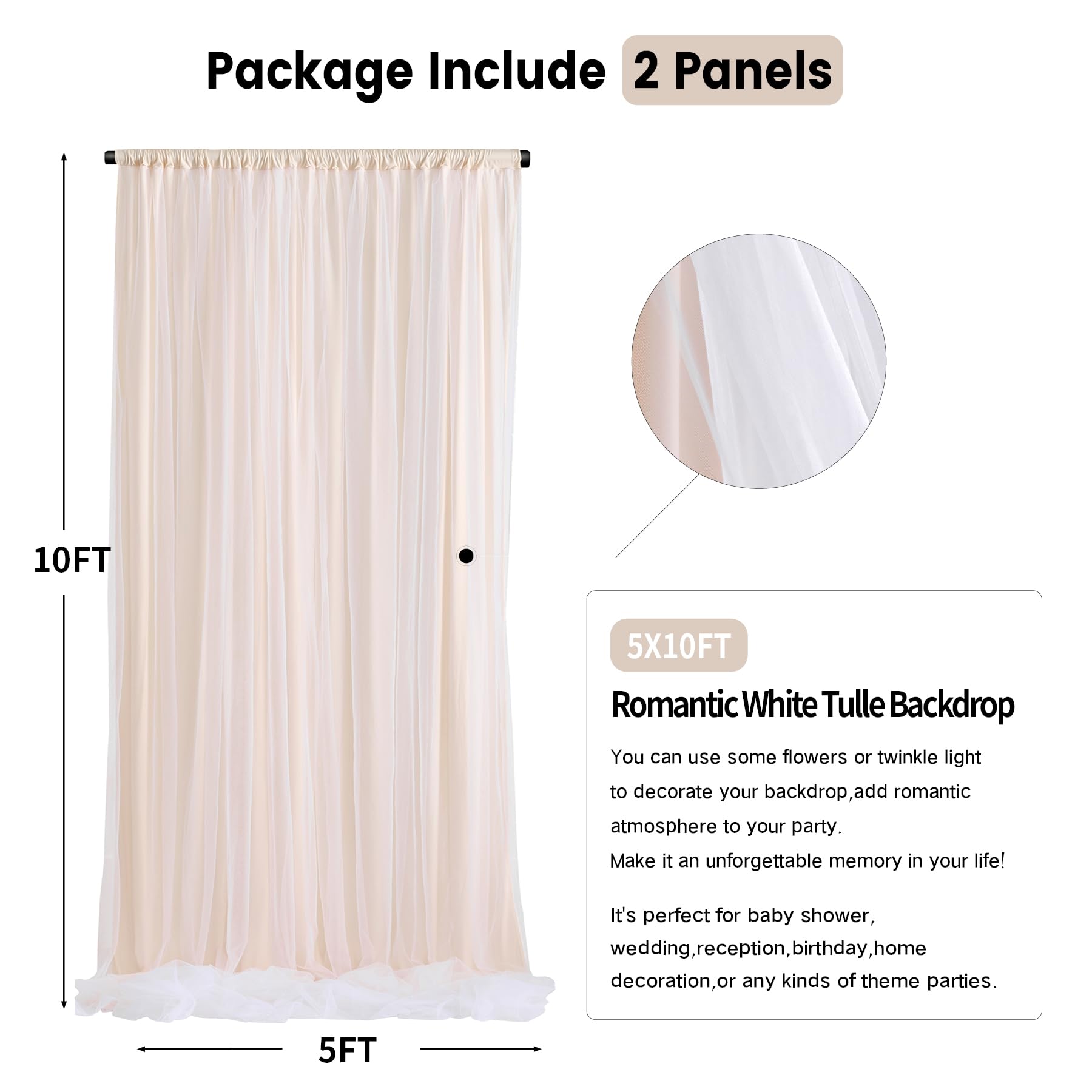 Wrinkle Free Champagne Tulle Backdrop Curtains for Baby Shower Party Wedding Photo Drape Backdrop for Photography Props Engagement Bridal Shower 10 ft X 10 ft