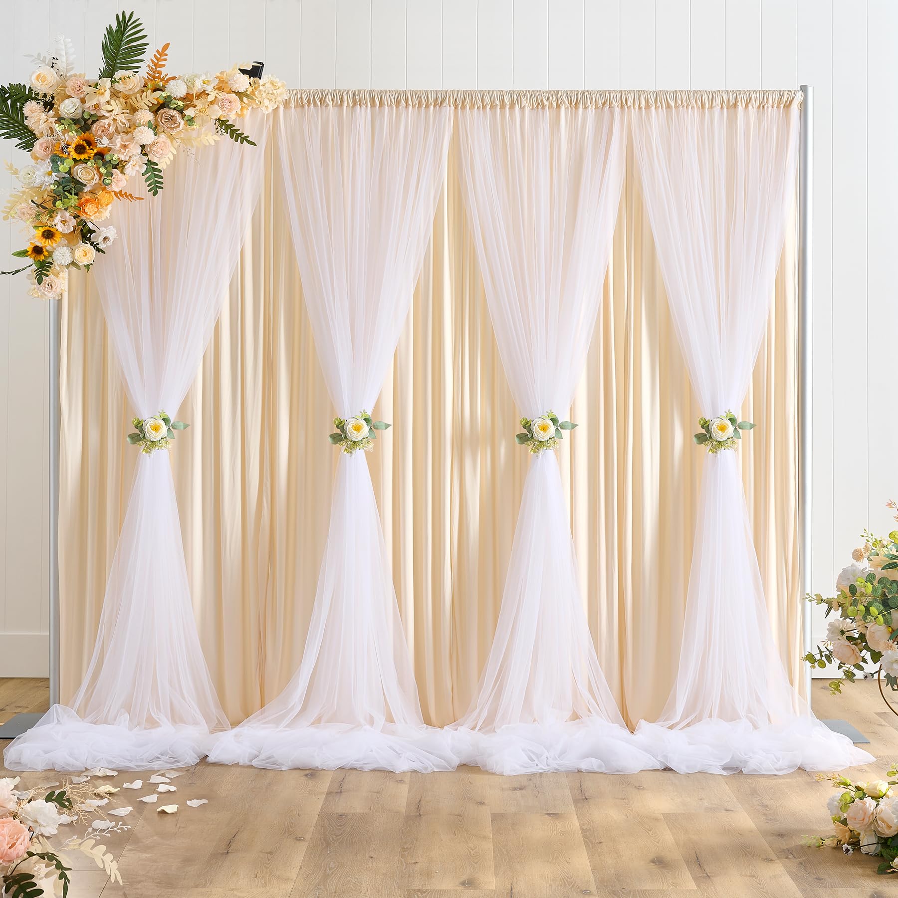 Wrinkle Free Champagne Tulle Backdrop Curtains for Baby Shower Party Wedding Photo Drape Backdrop for Photography Props Engagement Bridal Shower 10 ft X 10 ft