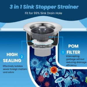 BQRIH Kitchen Sink Stopper Strainer,3 in 1 Pop Up Sink Strainer Anti-Clogging Sink Strainers for Kitchen Sink Stopper for US Standard 3-1/2 inch Drain Sink,Stainless Steel Anti-Odor Sink Accessories