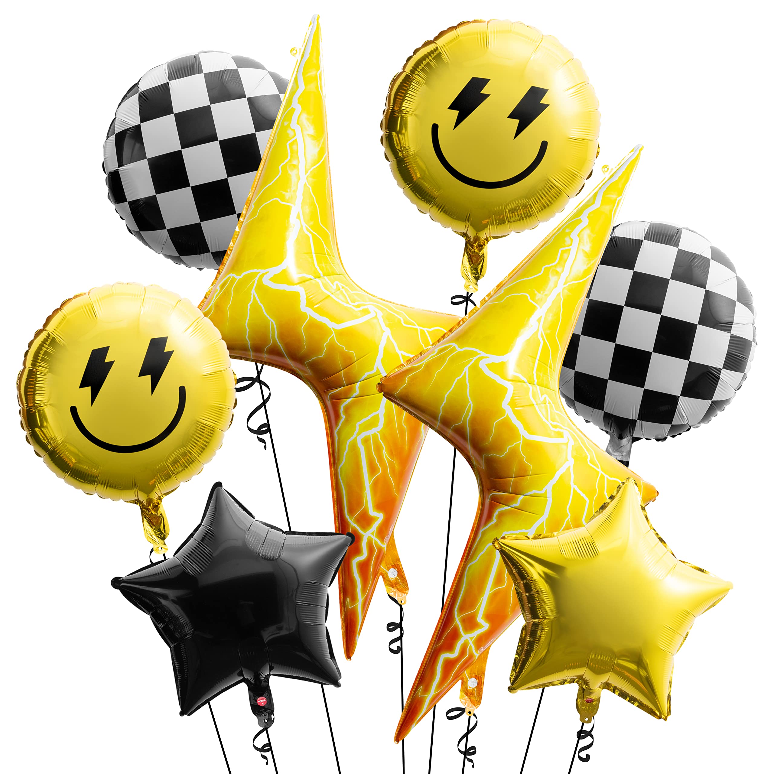 Wood Homing 8PCS 18 Inch Smile Party Checkered Helium Balloons, Yellow Smile Face Helium Balloons, Smile Face Theme Birthday Party Decorations, Yellow Lightning Balloons for Birthday Wedding Decor