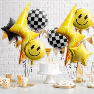 Wood Homing 8PCS 18 Inch Smile Party Checkered Helium Balloons, Yellow Smile Face Helium Balloons, Smile Face Theme Birthday Party Decorations, Yellow Lightning Balloons for Birthday Wedding Decor