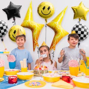 Wood Homing 8PCS 18 Inch Smile Party Checkered Helium Balloons, Yellow Smile Face Helium Balloons, Smile Face Theme Birthday Party Decorations, Yellow Lightning Balloons for Birthday Wedding Decor