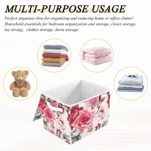 MFTJYO Storage Bin with Lid Pink Rose Foldable Storage Box Washable Fabric Storage Cubes Bin Organizer Basket Closet for Home Bedroom Closet Nursery Office