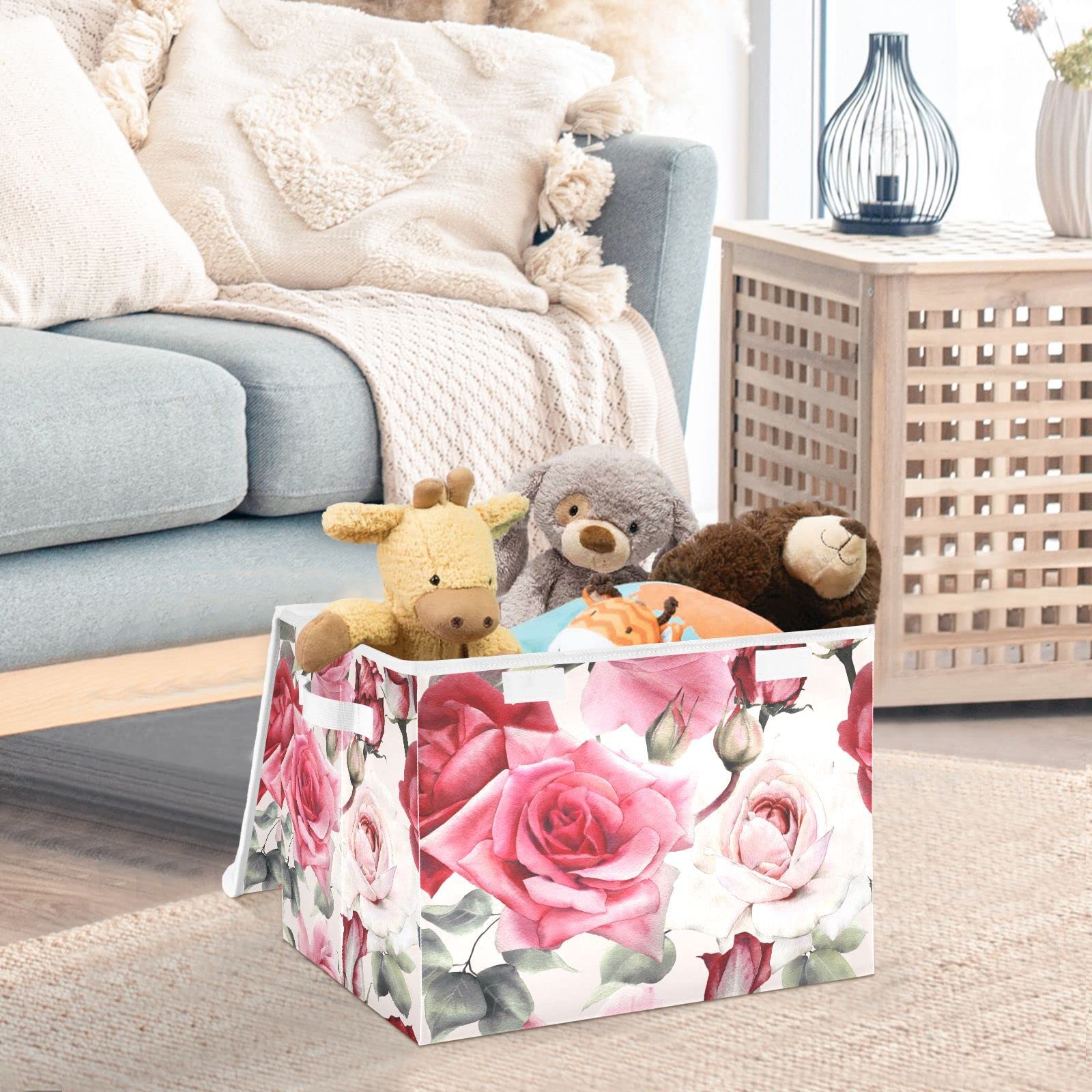 MFTJYO Storage Bin with Lid Pink Rose Foldable Storage Box Washable Fabric Storage Cubes Bin Organizer Basket Closet for Home Bedroom Closet Nursery Office