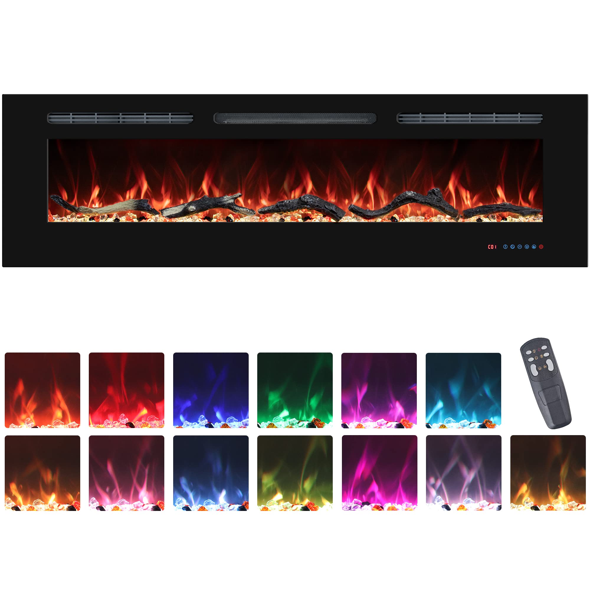 60" Electric Fireplaces Inserts, Recessed & Wall-Mounted Fireplace Heater with Thermostat, Multicolor Flames,Timer, Log & Crystal, 750/1500W