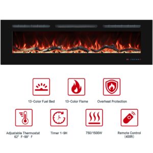 60" Electric Fireplaces Inserts, Recessed & Wall-Mounted Fireplace Heater with Thermostat, Multicolor Flames,Timer, Log & Crystal, 750/1500W