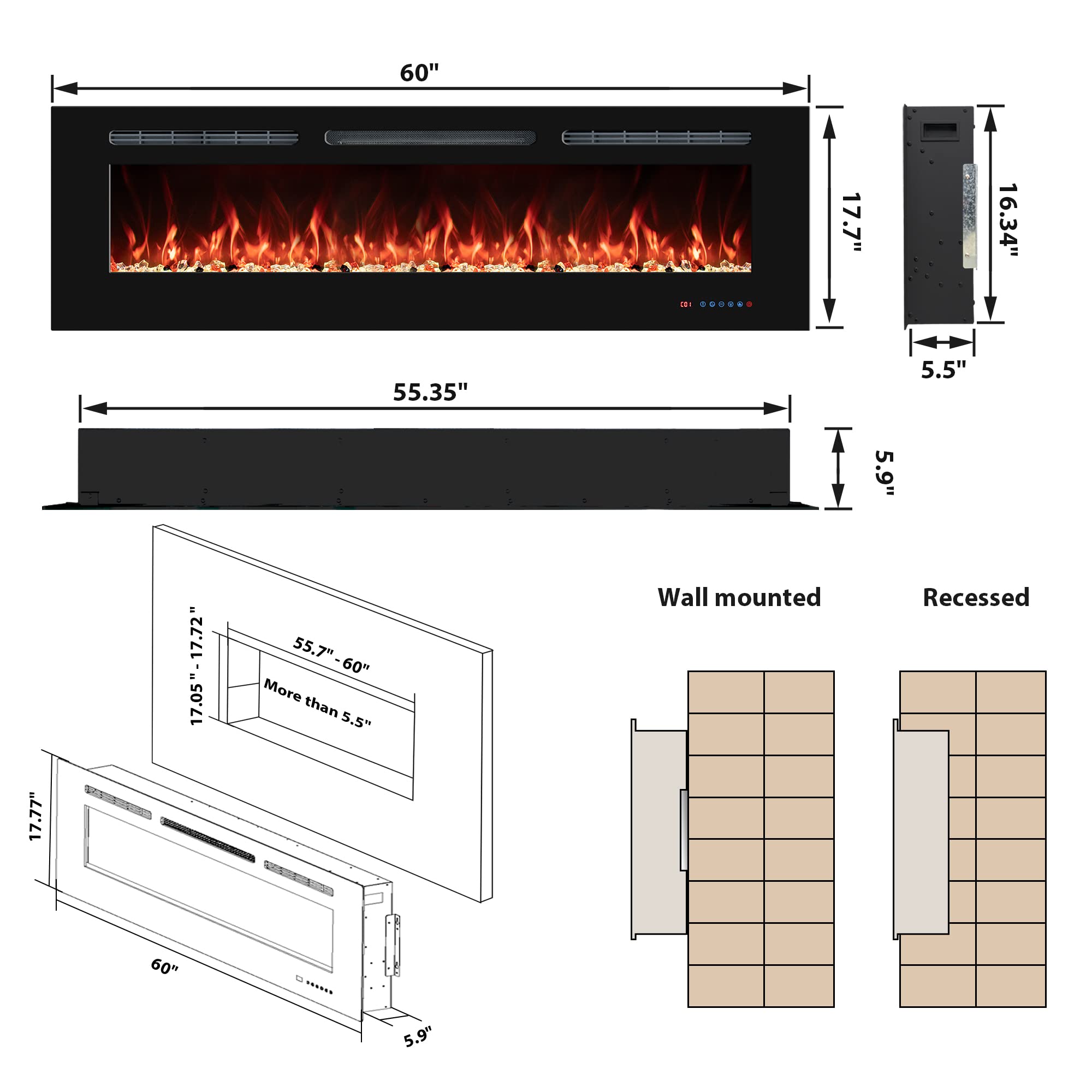 60" Electric Fireplaces Inserts, Recessed & Wall-Mounted Fireplace Heater with Thermostat, Multicolor Flames,Timer, Log & Crystal, 750/1500W