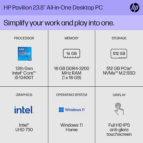 HP Pavilion 24-ca2070Bundle AiO PC, Windows 11 Home, 23.8", Touch Screen, Intel Core i5, 16GB RAM, 512GB SSD, FHD, Snowflake White, Natural Silver Stand