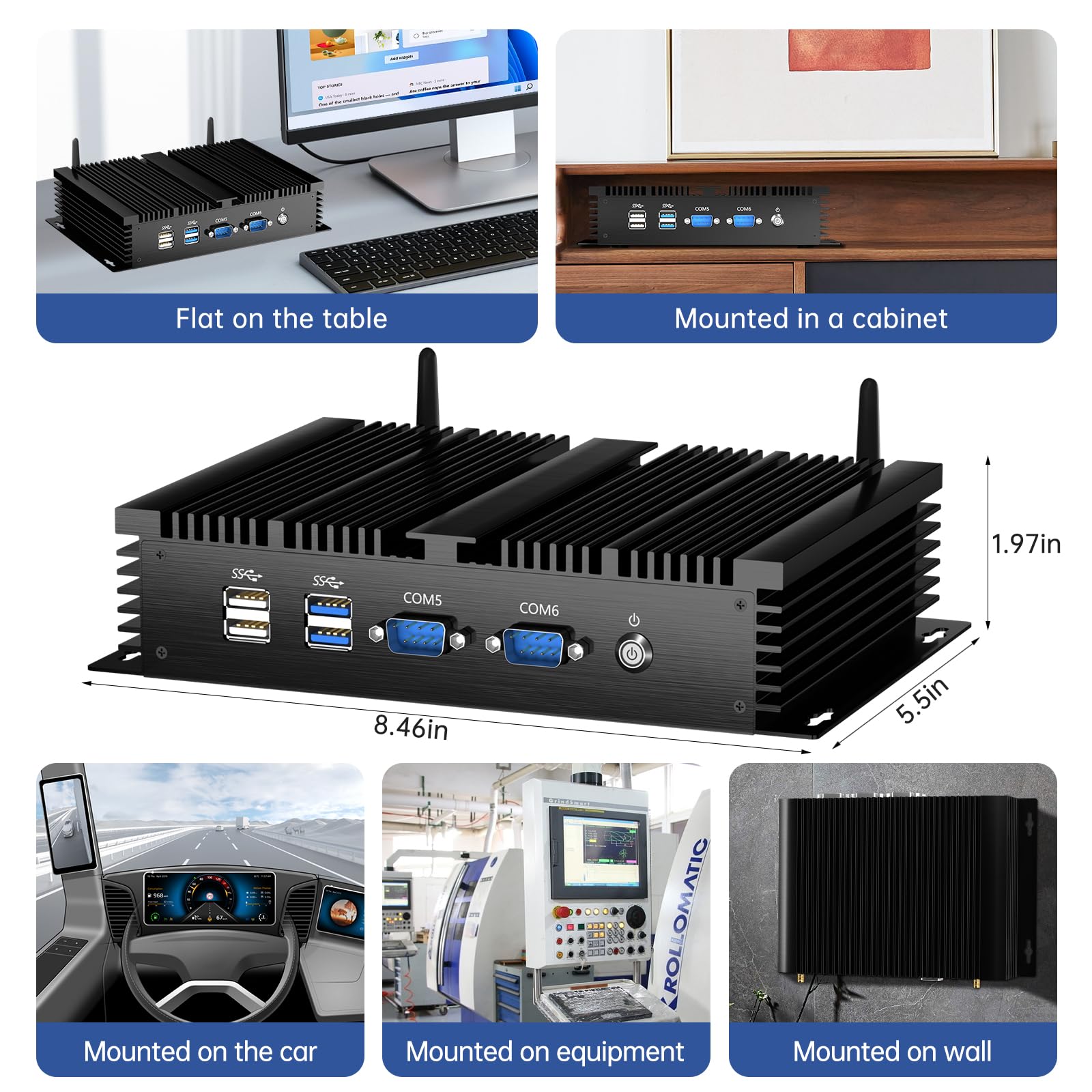 Kinupute Industrial Mini PC, Fanless Desktop Computer Core i7-5500U 2.4-3.0GHz, Windows 10 Pro, 16G RAM, 512G SSD, 2xNICs, 6xCOM RS232, 4xUSB 3.0, HDMI/VGA Ports, Auto Power On, Full Metal Case