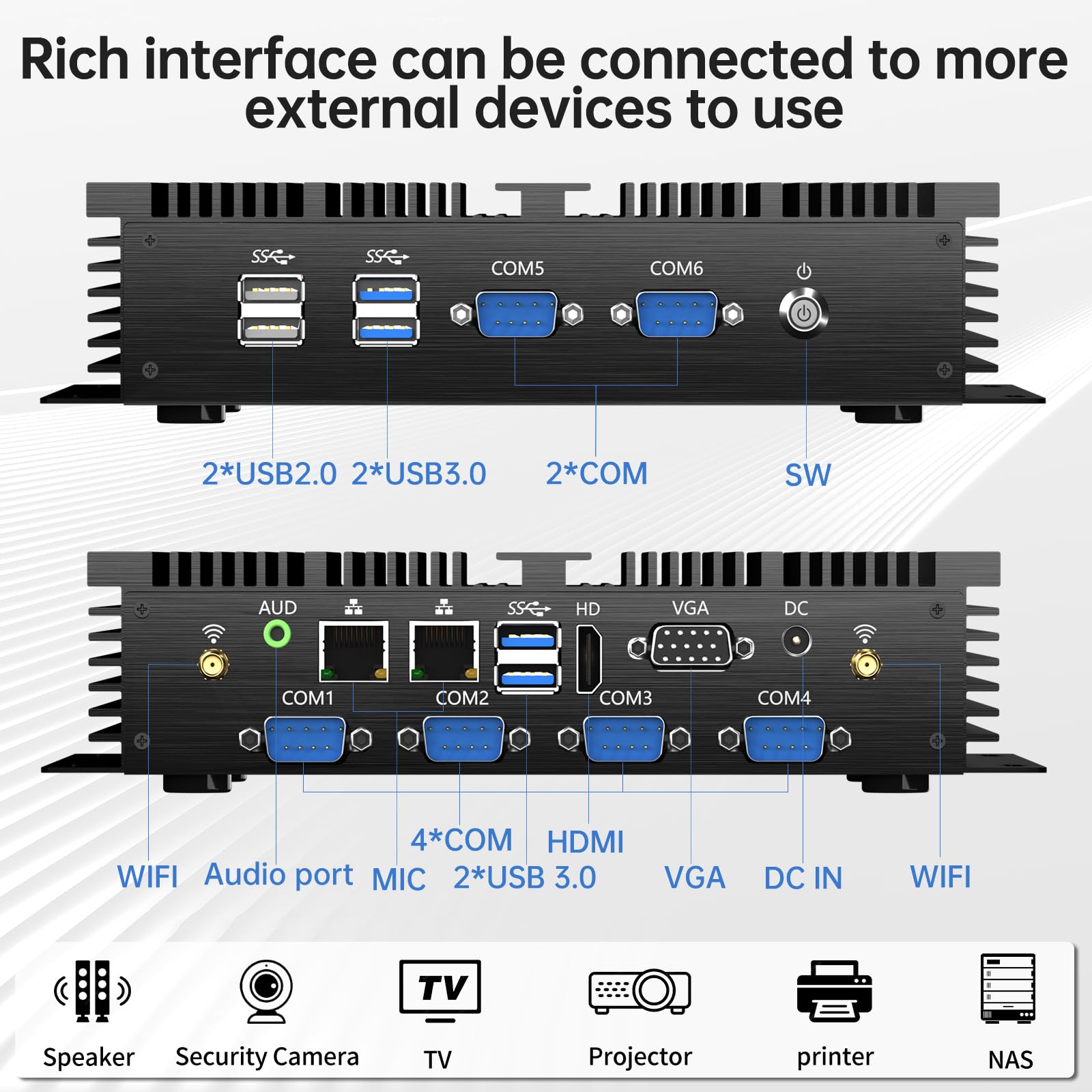 Kinupute Industrial Mini PC, Fanless Desktop Computer Core i7-5500U 2.4-3.0GHz, Windows 10 Pro, 16G RAM, 512G SSD, 2xNICs, 6xCOM RS232, 4xUSB 3.0, HDMI/VGA Ports, Auto Power On, Full Metal Case