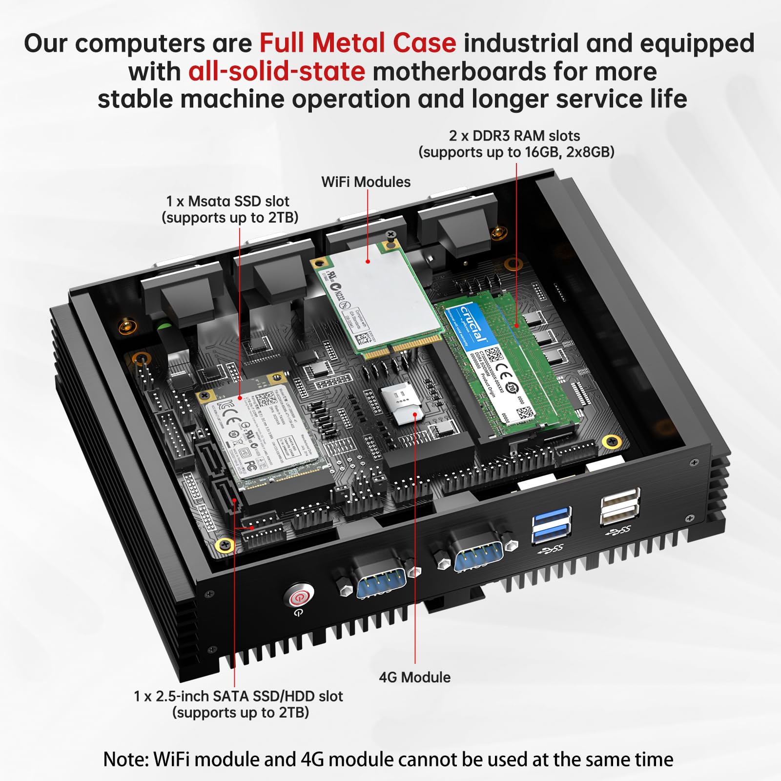 Kinupute Industrial Mini PC, Fanless Desktop Computer Core i7-5500U 2.4-3.0GHz, Windows 10 Pro, 16G RAM, 512G SSD, 2xNICs, 6xCOM RS232, 4xUSB 3.0, HDMI/VGA Ports, Auto Power On, Full Metal Case