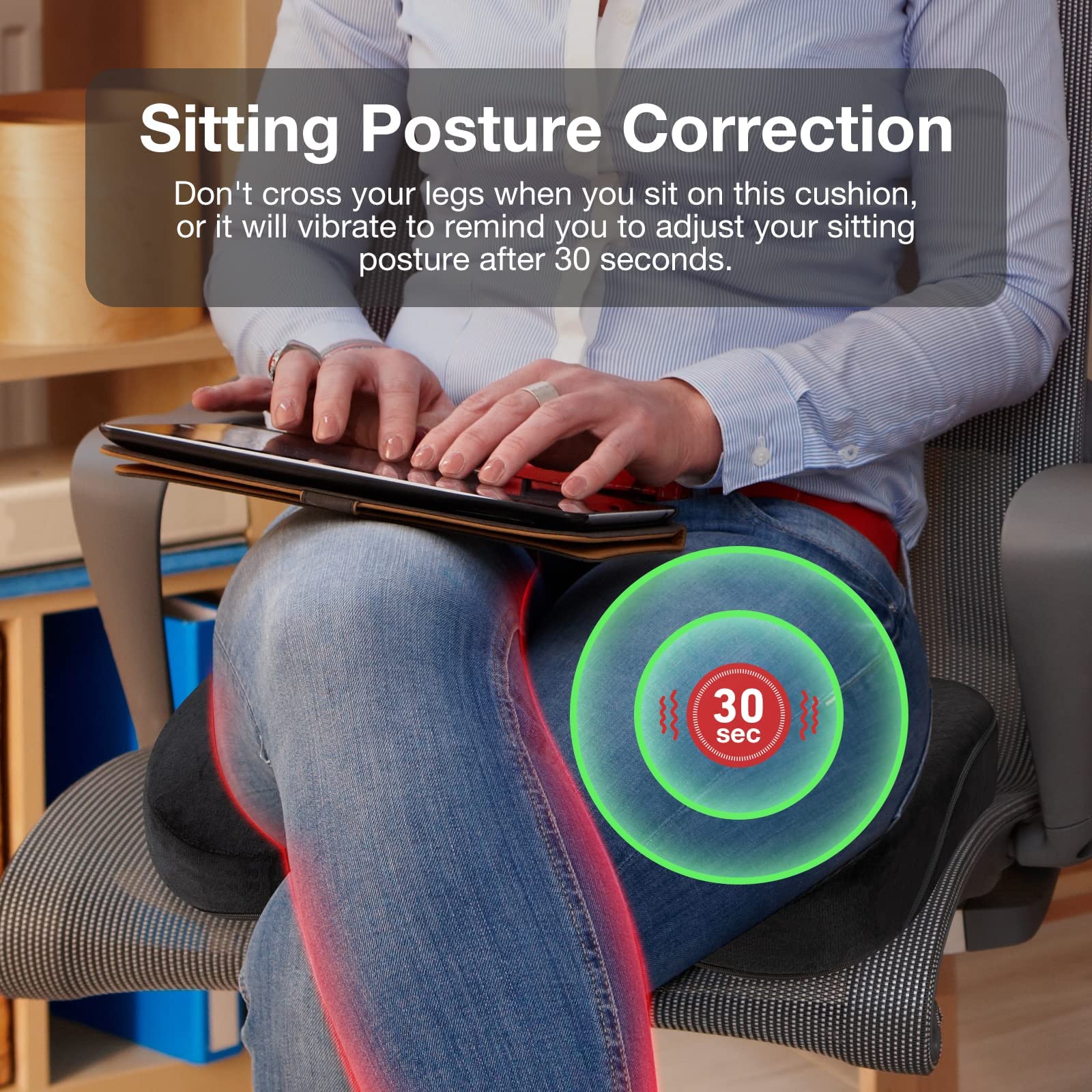 Office Chair Seat Cushion - Intelligent Sedentary & Crossed Legs Reminder Gel Memory Foam Cushions for Back,Coccyx,Tailbone Pain Relief (Black, 17.71 * 14.17 * 2.75in)