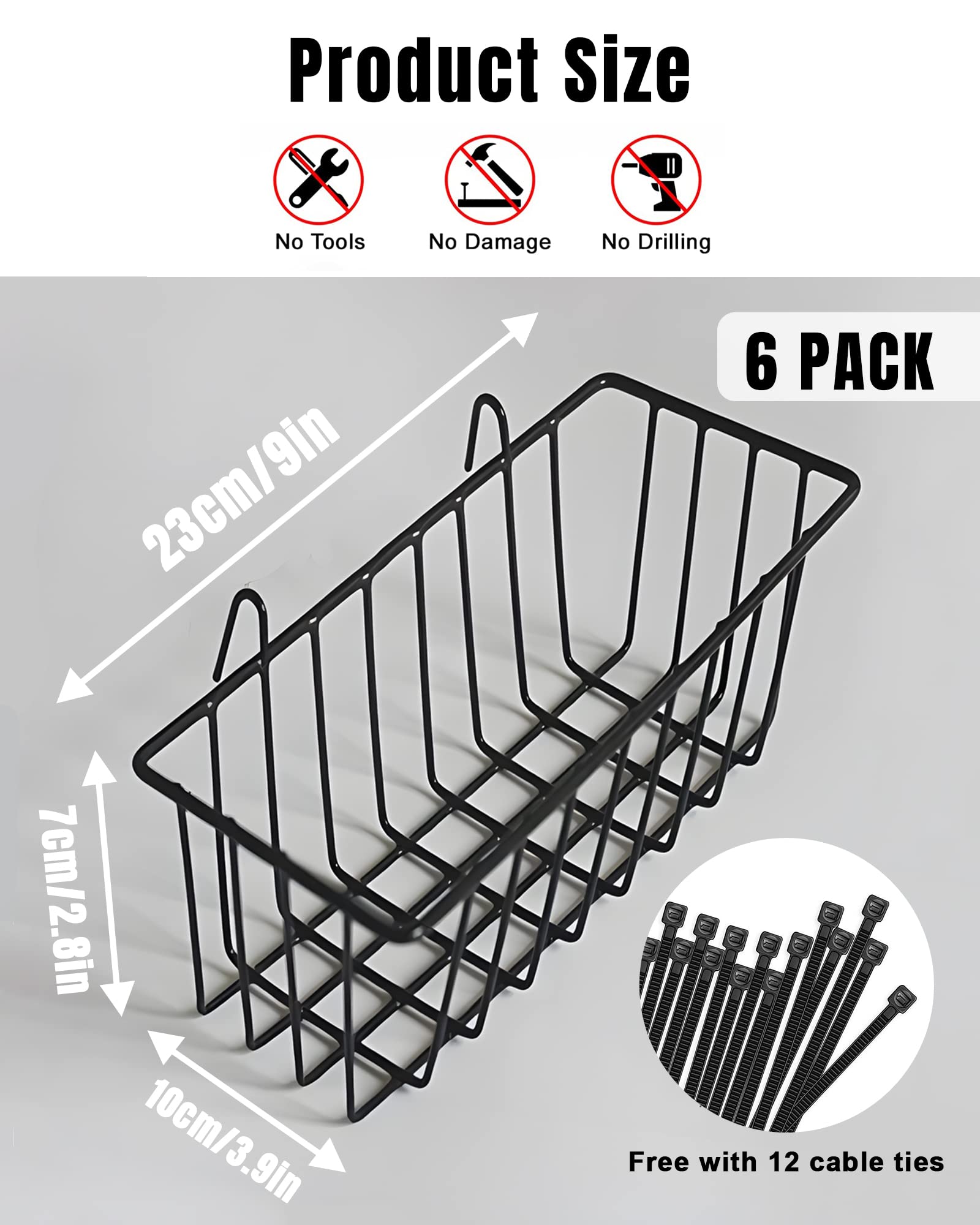 SEMPOMA 6 Pack Black Wire Basket, Hanging wall Basket for Wall Grid Panel, Metal Hanging Baskets for Organizing, Wire Basket for Kitchen Storage, Grid Wall Accessories