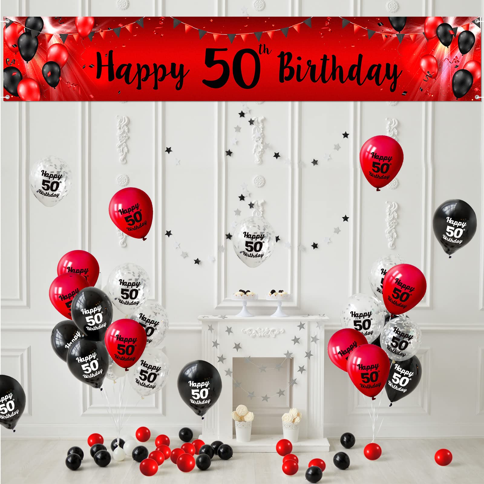 Happy 50th Birthday Yard Sign Banner with Balloons Arch Kit Red and Black - Cheers to 50 Years Old Birthday Party Theme Decorations Large Birthday Backdrop Banner for Men Women Supplies