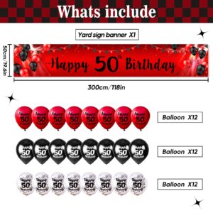 Happy 50th Birthday Yard Sign Banner with Balloons Arch Kit Red and Black - Cheers to 50 Years Old Birthday Party Theme Decorations Large Birthday Backdrop Banner for Men Women Supplies