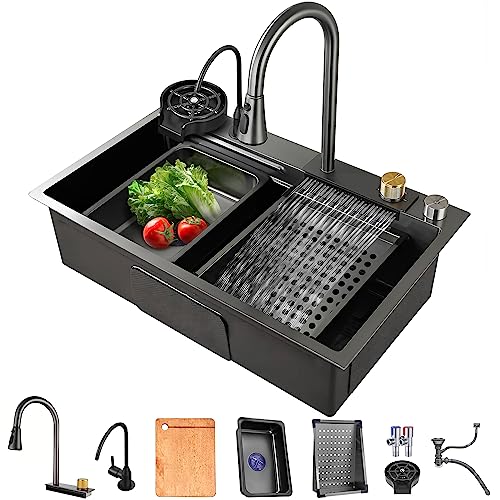 MWIDCIEW Drop In Kitchen Sink Gunmetal Gray Stainless Steel Waterfall Kitchen Sink with Pull Down Sprayhead Faucet Single Bowl Kitchen Sink Workstation with Multiple Accessories (31.5 x 17.7 inch)