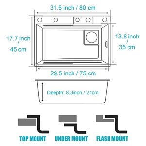 MWIDCIEW Drop In Kitchen Sink Gunmetal Gray Stainless Steel Waterfall Kitchen Sink with Pull Down Sprayhead Faucet Single Bowl Kitchen Sink Workstation with Multiple Accessories (31.5 x 17.7 inch)