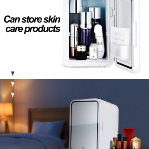 Mini Fridge for Bedrooms 8L, Quite Mode, Small Skincare Portable Beauty Fridge with LED Makeup Mirror, for Cosmetic, Office or Car,White,210×280×310mm