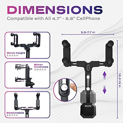 Statik Magnetic Car Rear View Mirror Phone Holder | Eye Level Driving | 360 Rotation Retractable Adjustable | Sturdy Rearview Mirror Phone Mount Magnet