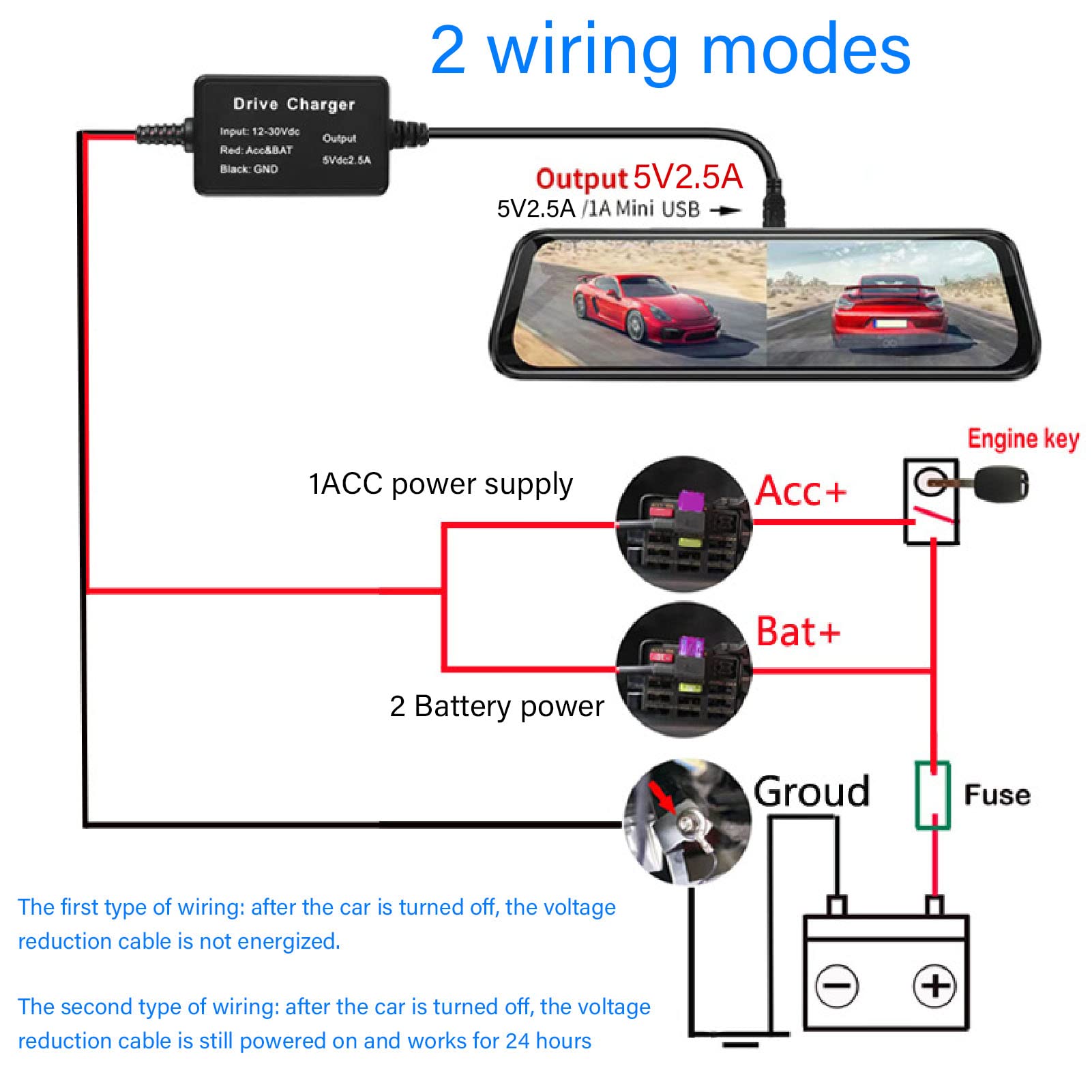 GPS Navigator Hard Wire Kit, Dash Cam Hardwire Kit 5V/2.5A Wear Resistant MINI USB Adapter for Radar Detector