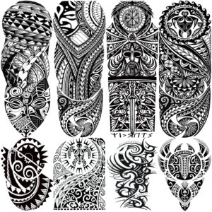 tribal totem temporary tattoo sleeve for men women, 4-sheet full arm large hawaiian tribal viking fake tattoo sleeve adult and 4-sheet black polynesian turtle half temp tatoo sticker leg makeup body art