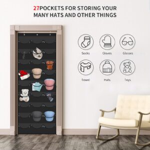 Hat Rack for Baseball Caps, 27 Pockets Over The Door Baseball Hat Organizer, Fitted Hat Storage for Closet Wall Mount Bag With Large Pockets & 3 Hooks, Hat Holder Hanger Organization to Display Caps