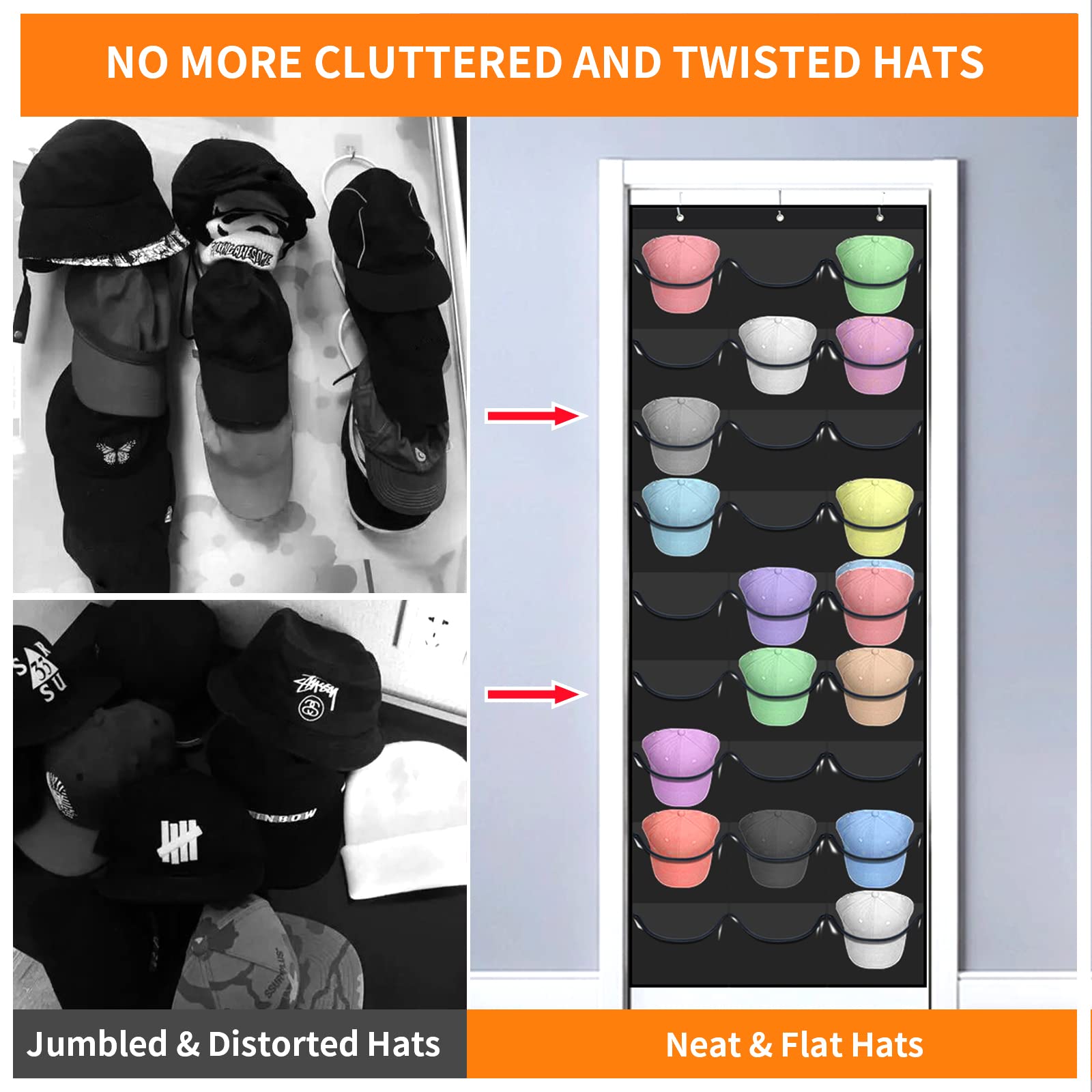 Hat Rack for Baseball Caps, 27 Pockets Over The Door Baseball Hat Organizer, Fitted Hat Storage for Closet Wall Mount Bag With Large Pockets & 3 Hooks, Hat Holder Hanger Organization to Display Caps