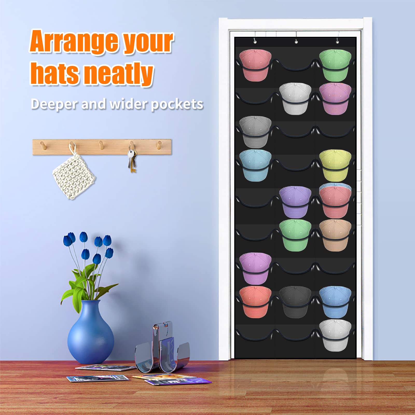 Hat Rack for Baseball Caps, 27 Pockets Over The Door Baseball Hat Organizer, Fitted Hat Storage for Closet Wall Mount Bag With Large Pockets & 3 Hooks, Hat Holder Hanger Organization to Display Caps