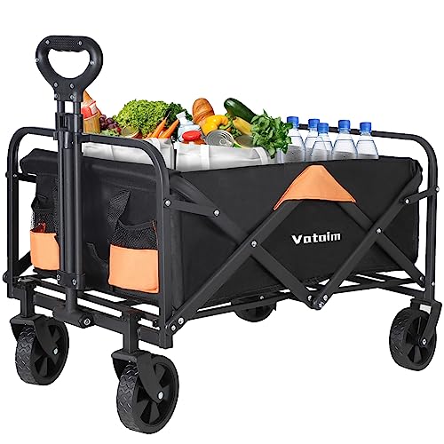 Sports Folding Utility Wagon Collapsible Outdoor Garden Small Grocery Carts, 220LBS Weight Capacity for Shopping Storage, with 360 Degree Swivel Wheels, Black