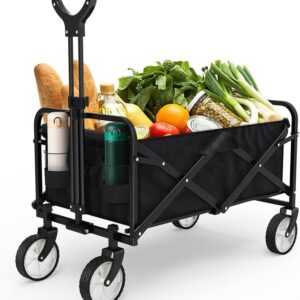 Folding Wagon, Collapsible Wagon Garden Cart Heavy Duty with Side Pocket and Terrain Wheels, Large Capacity Foldable Grocery Beach Wagon for Garden Sports Camping Shopping(1 Year Warranty)