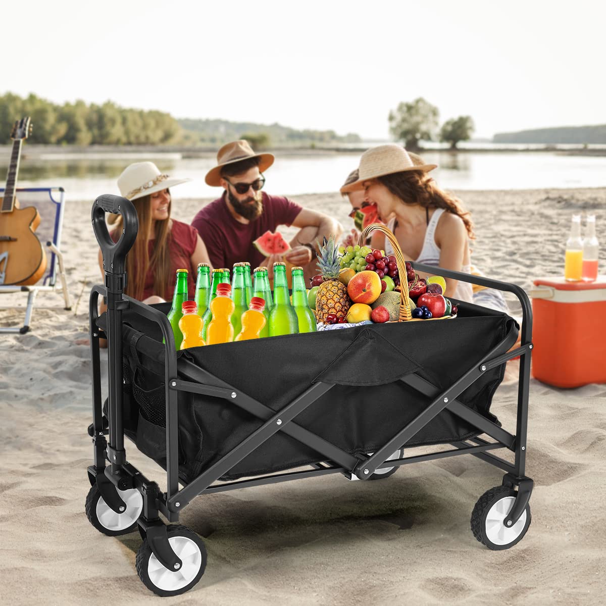 Folding Wagon, Collapsible Wagon Garden Cart Heavy Duty with Side Pocket and Terrain Wheels, Large Capacity Foldable Grocery Beach Wagon for Garden Sports Camping Shopping(1 Year Warranty)