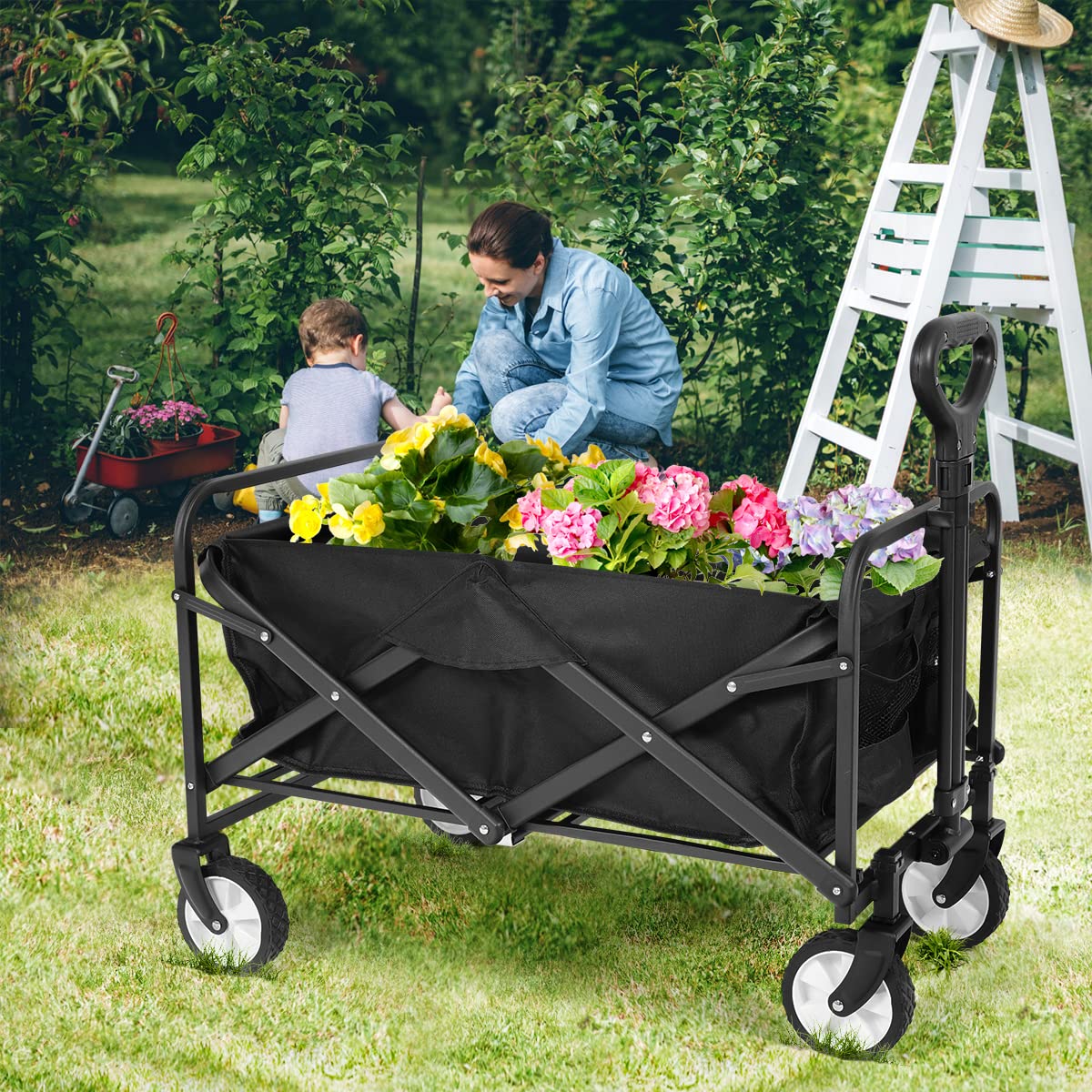 Folding Wagon, Collapsible Wagon Garden Cart Heavy Duty with Side Pocket and Terrain Wheels, Large Capacity Foldable Grocery Beach Wagon for Garden Sports Camping Shopping(1 Year Warranty)