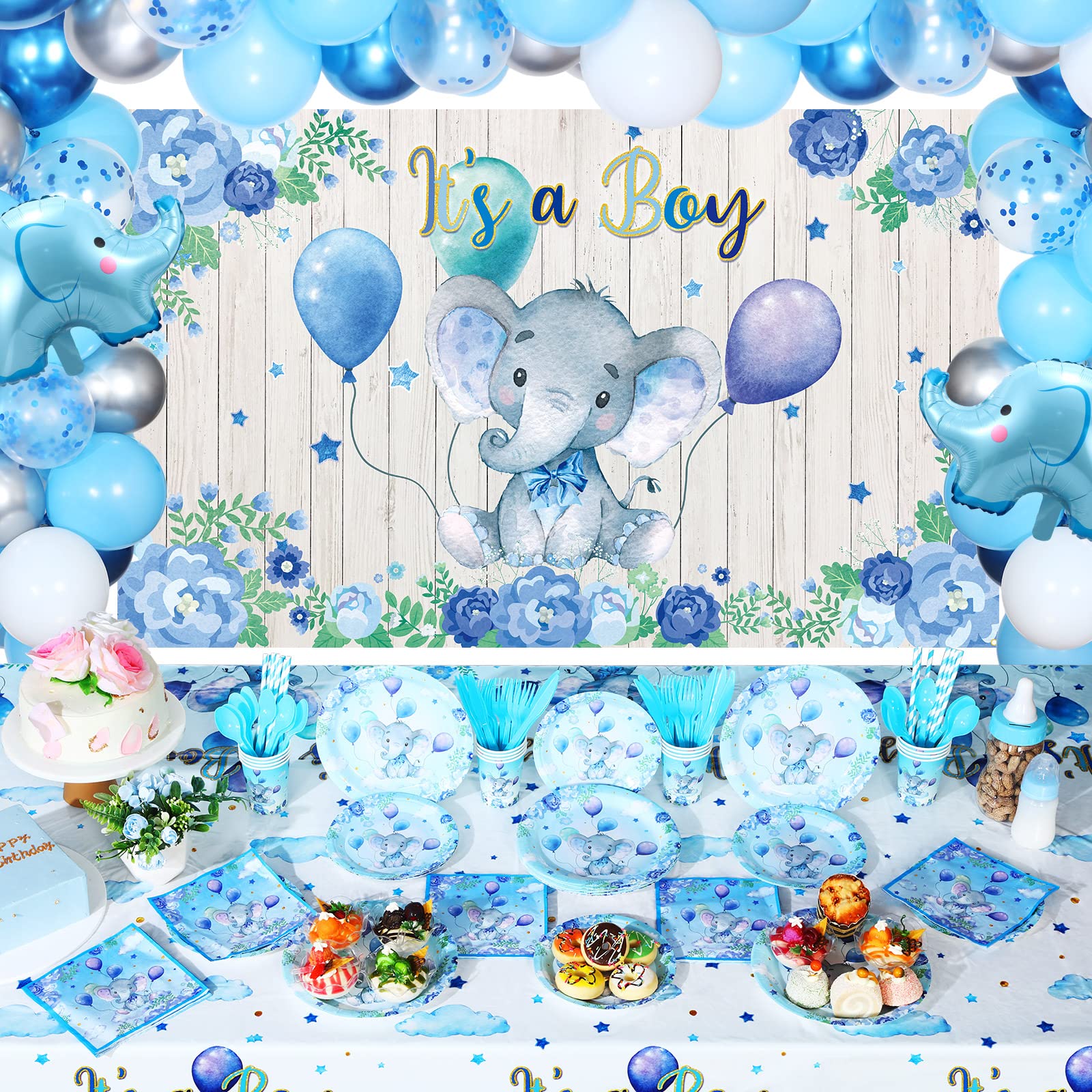 Junkin 237 Pcs Elephant Theme Baby Shower Party Decorations Elephant Party Supplies Kit Incl. Backdrop Banner Balloons Tablecloth Tableware for Baby Shower Gender Reveal Elephant Theme Birthday Party