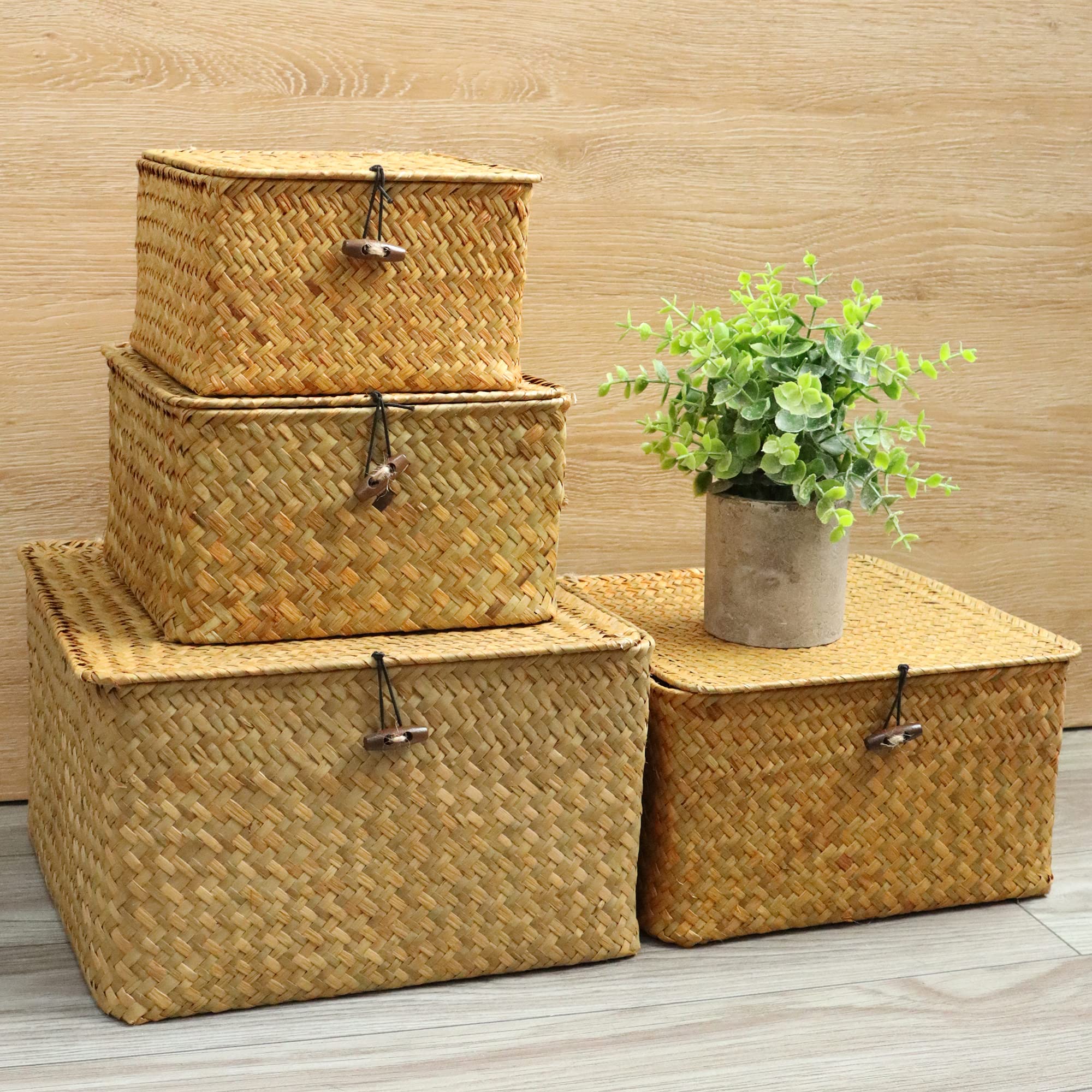 FEILANDUO 4Pcs Wicker Storage Baskets with Lids Seagrass Woven Baskets for Shelves Stackable Storage Boxes for Organizing Rattan Bins (Natural)