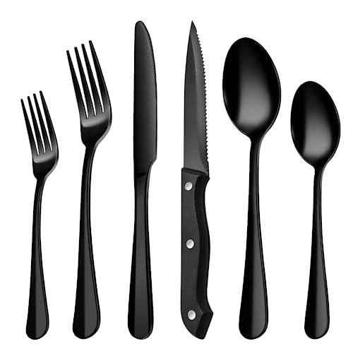 Qupoilke 60-Piece Black Silverware Set with Steak Knives Service for 10，Food Grade Stainless Steel Flatware Utensils Cutlery Set for Home Kitchen and Restaurant