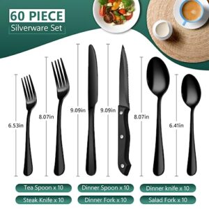 Qupoilke 60-Piece Black Silverware Set with Steak Knives Service for 10，Food Grade Stainless Steel Flatware Utensils Cutlery Set for Home Kitchen and Restaurant