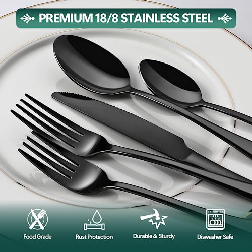 Qupoilke 60-Piece Black Silverware Set with Steak Knives Service for 10，Food Grade Stainless Steel Flatware Utensils Cutlery Set for Home Kitchen and Restaurant