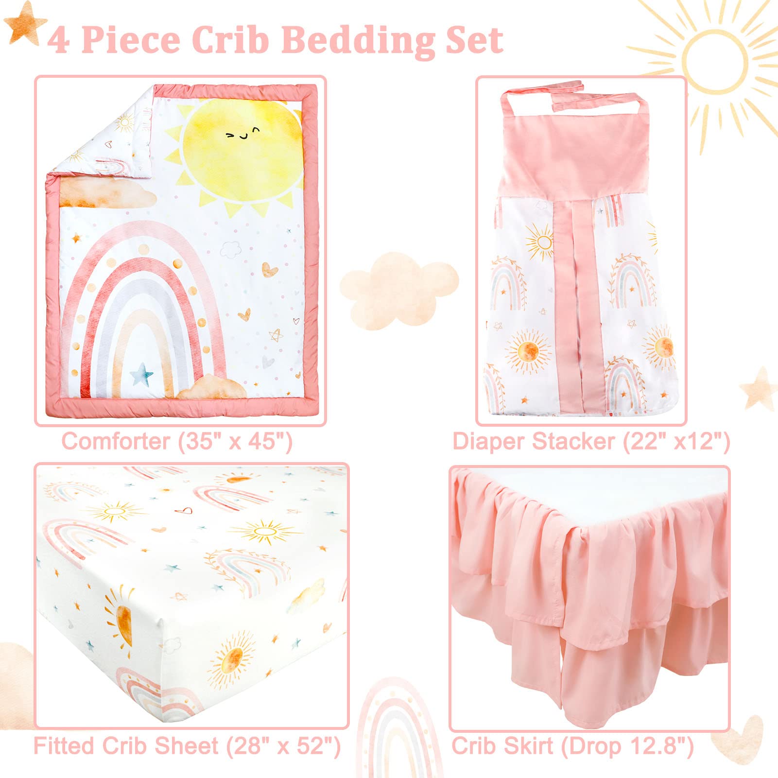 CARUILI Crib Bedding Set for Girls, 4-Piece Pink Baby Crib Bedding Set, Rainbow Crib Sets Includes Comforter, Fitted Crib Sheet, Crib Skirt, and Diaper Stacker