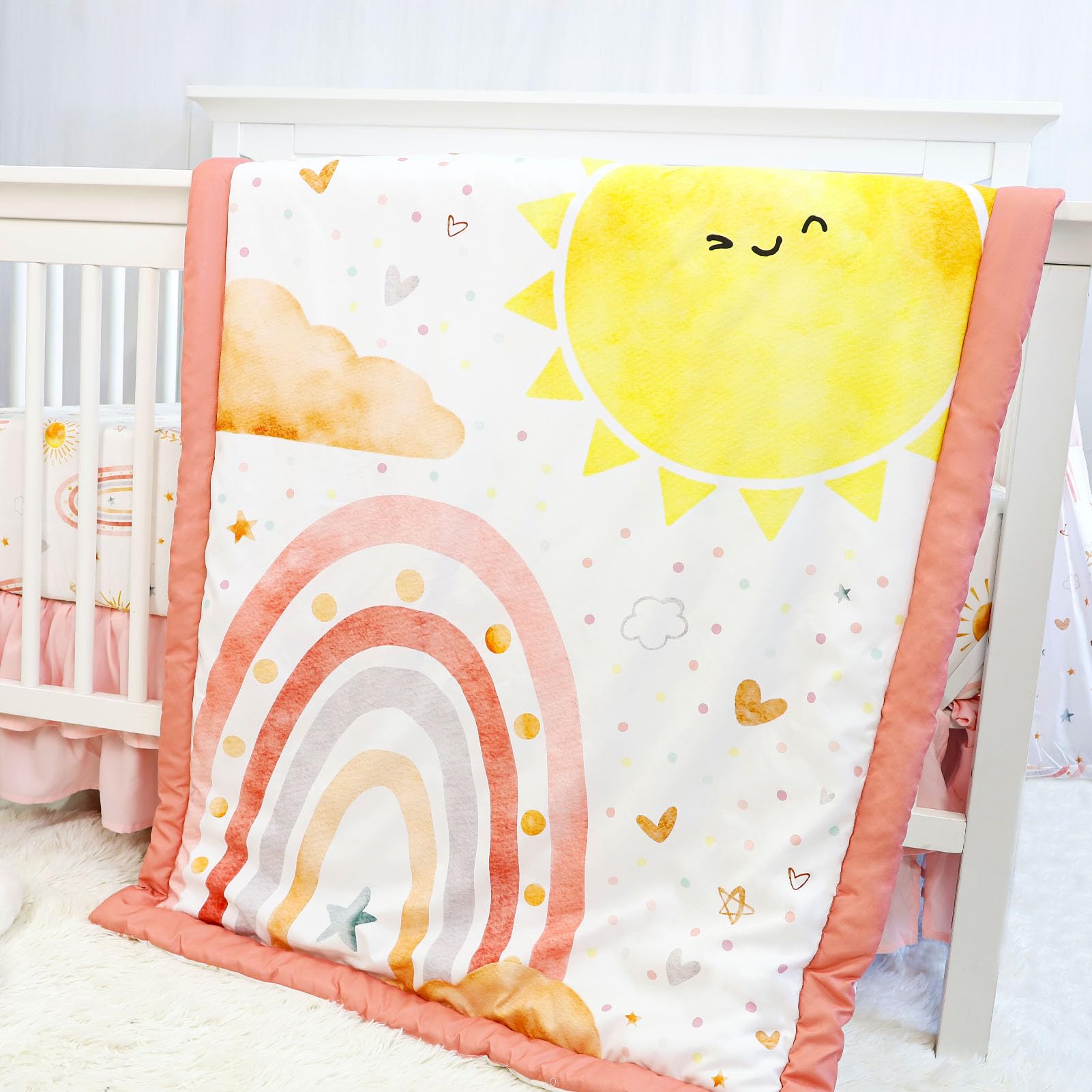 CARUILI Crib Bedding Set for Girls, 4-Piece Pink Baby Crib Bedding Set, Rainbow Crib Sets Includes Comforter, Fitted Crib Sheet, Crib Skirt, and Diaper Stacker