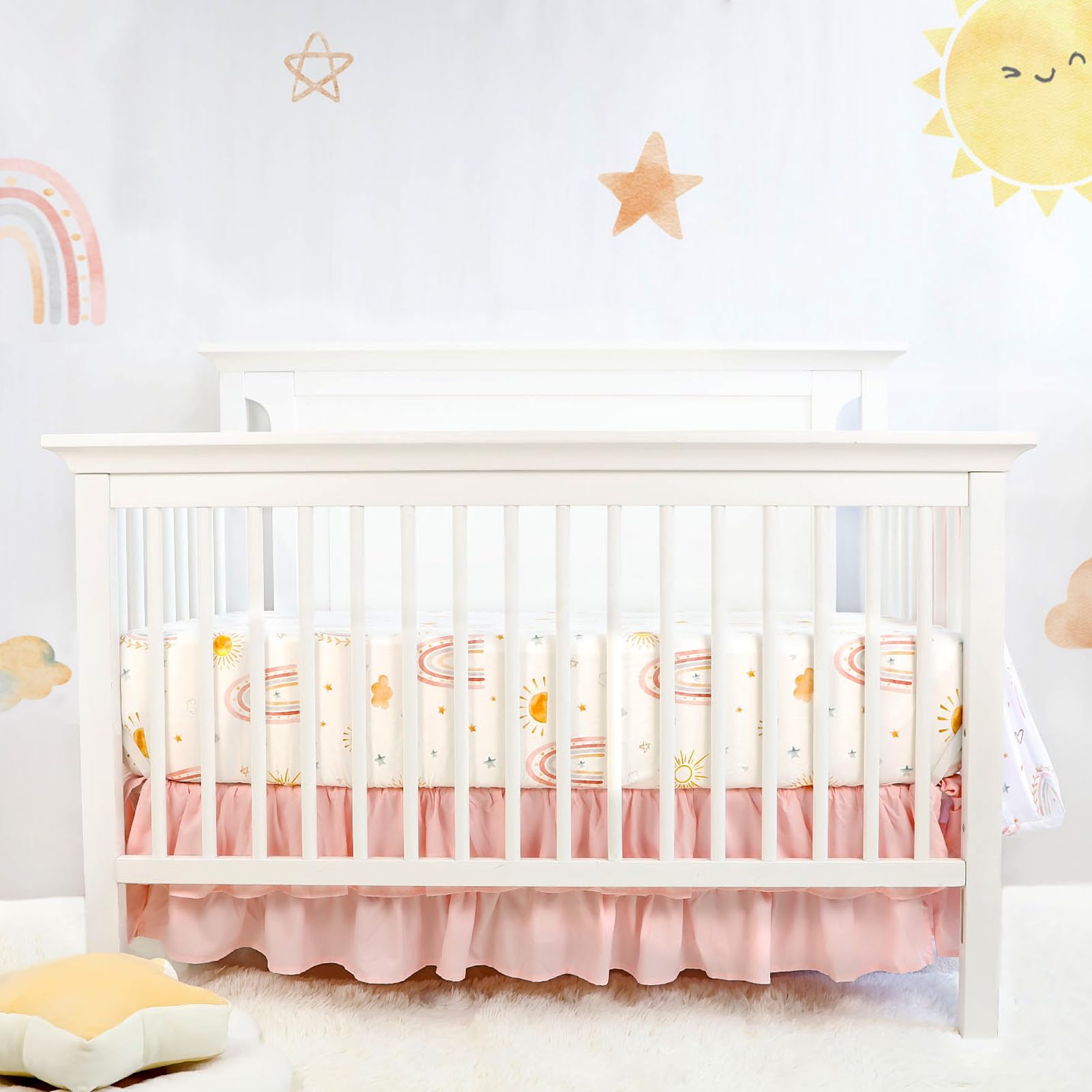 CARUILI Crib Bedding Set for Girls, 4-Piece Pink Baby Crib Bedding Set, Rainbow Crib Sets Includes Comforter, Fitted Crib Sheet, Crib Skirt, and Diaper Stacker