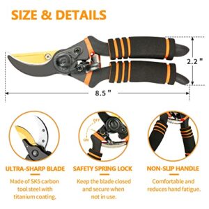 Pruning Shears, Garden Shears - Hewog 8.5" Professional Premium SK5 Steel with Titanium Bypass Pruning Shears for Gardening, Sharp Handheld Heavy Duty Garden Hedge Clippers/Scissors Pruners Tools