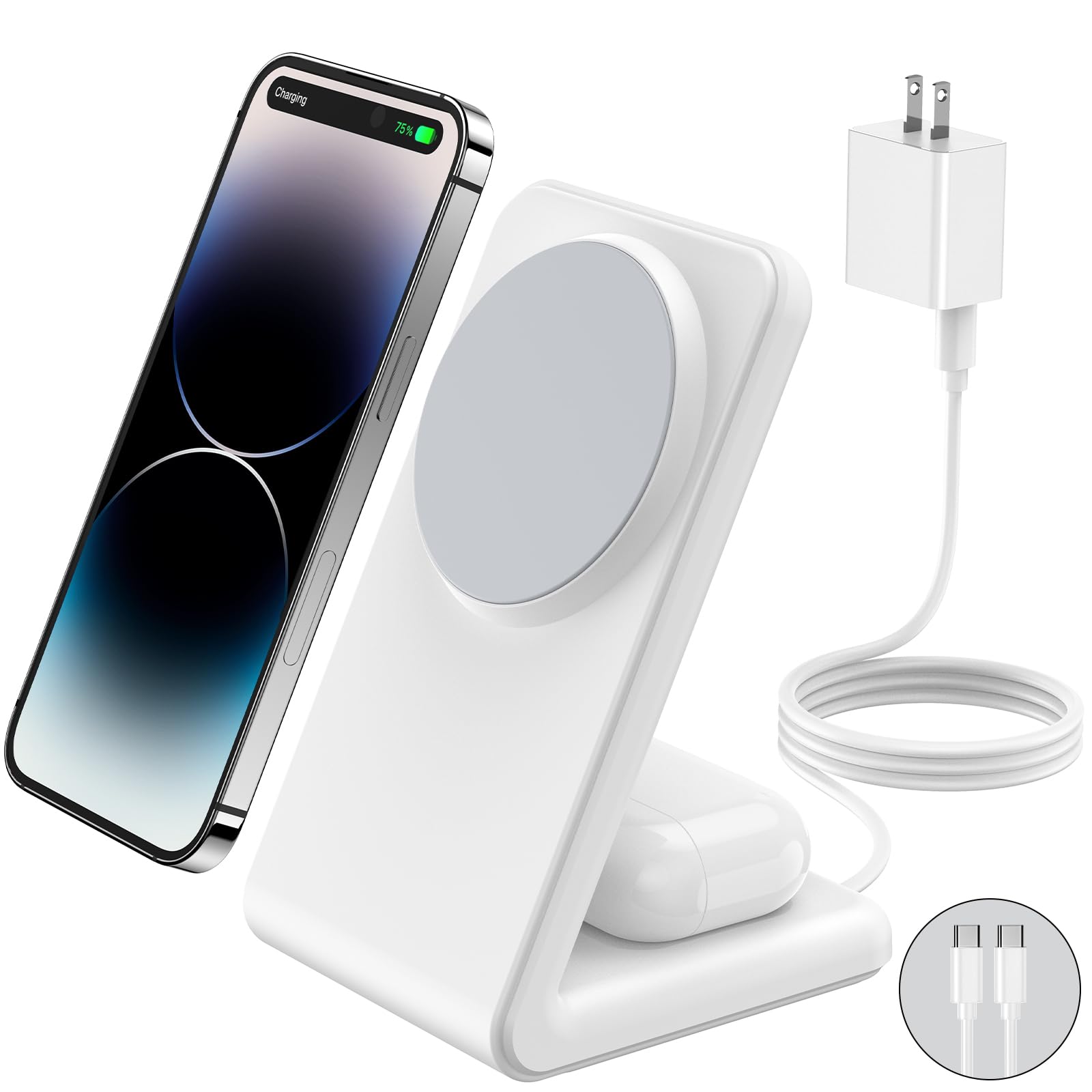 FACBINY 2-in-1 Magnetic Fast Wireless Charging Station for Multiple Devices Apple with 20W Adapter, Mag-Safe Charger Stand for iPhone 15/14/13/12/Pro/Max/Mini, AirPods Pro 2/Pro/3 (White)