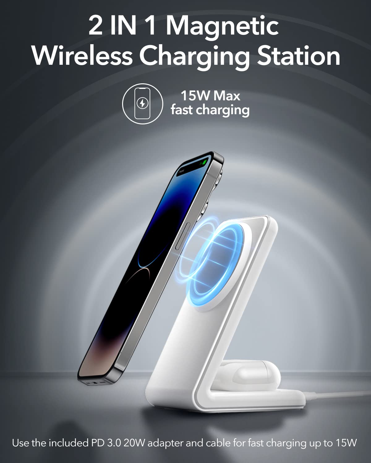 FACBINY 2-in-1 Magnetic Fast Wireless Charging Station for Multiple Devices Apple with 20W Adapter, Mag-Safe Charger Stand for iPhone 15/14/13/12/Pro/Max/Mini, AirPods Pro 2/Pro/3 (White)