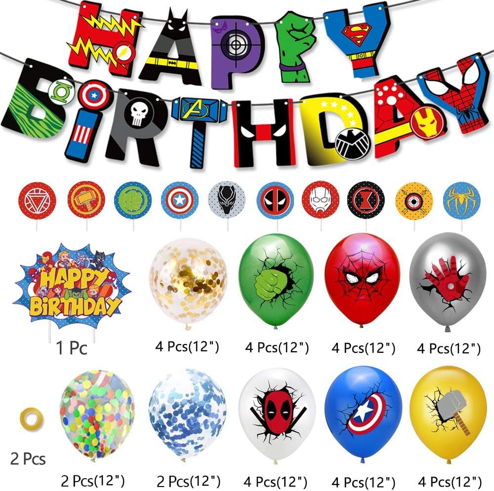 Birthday Party Supplies, Birthday Decorations for Boys Kits Include Birthday Banner, Balloons, Cake Toppers, Gold Flat Ribbon