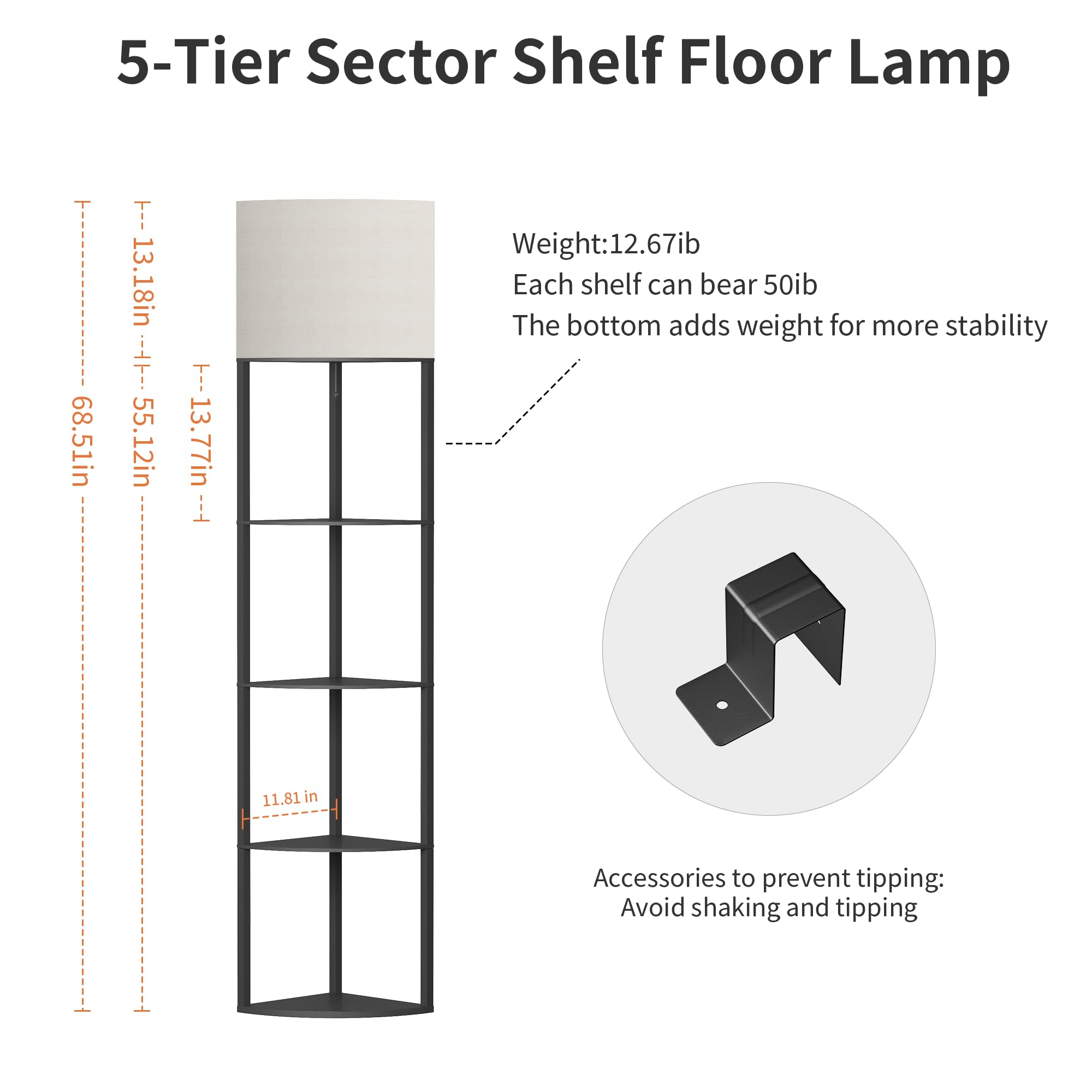 Meisoda 5-Tier 68.5 inch LED Floor Lamp with Wood Shelves and Linen Shade - 3 Color Temperatures, Dimmable, for Living Room, Bedroom, Office