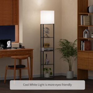 Meisoda 5-Tier 68.5 inch LED Floor Lamp with Wood Shelves and Linen Shade - 3 Color Temperatures, Dimmable, for Living Room, Bedroom, Office